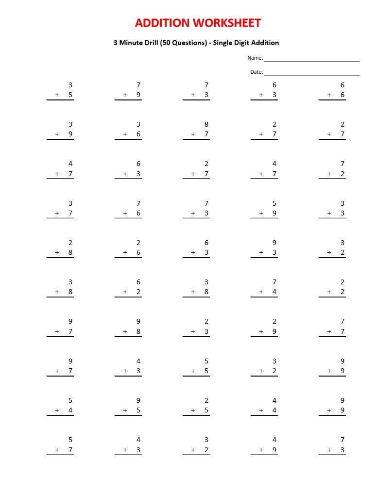 ADDITION 3 MINUTE DRILL (10 Worksheets) Pdf/ Year 1, 2, 3/ Grade 1,2,3 ...