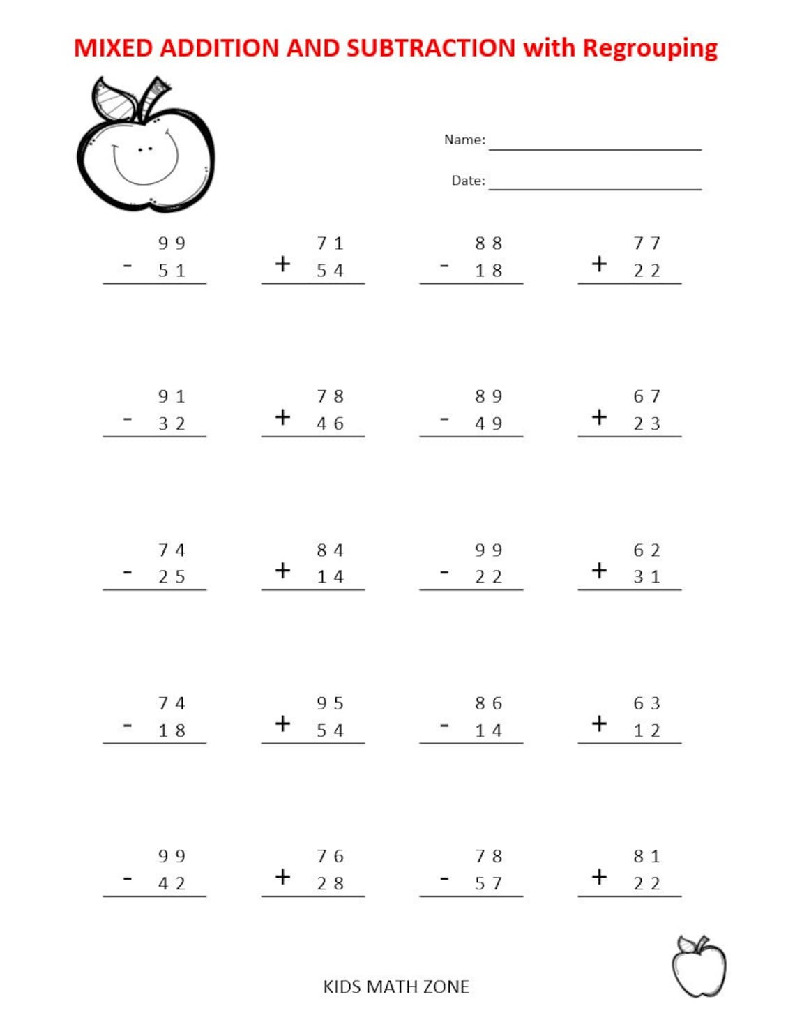 ADDITION & SUBTRACTION 60 Printable Worksheets With Single, Double and ...