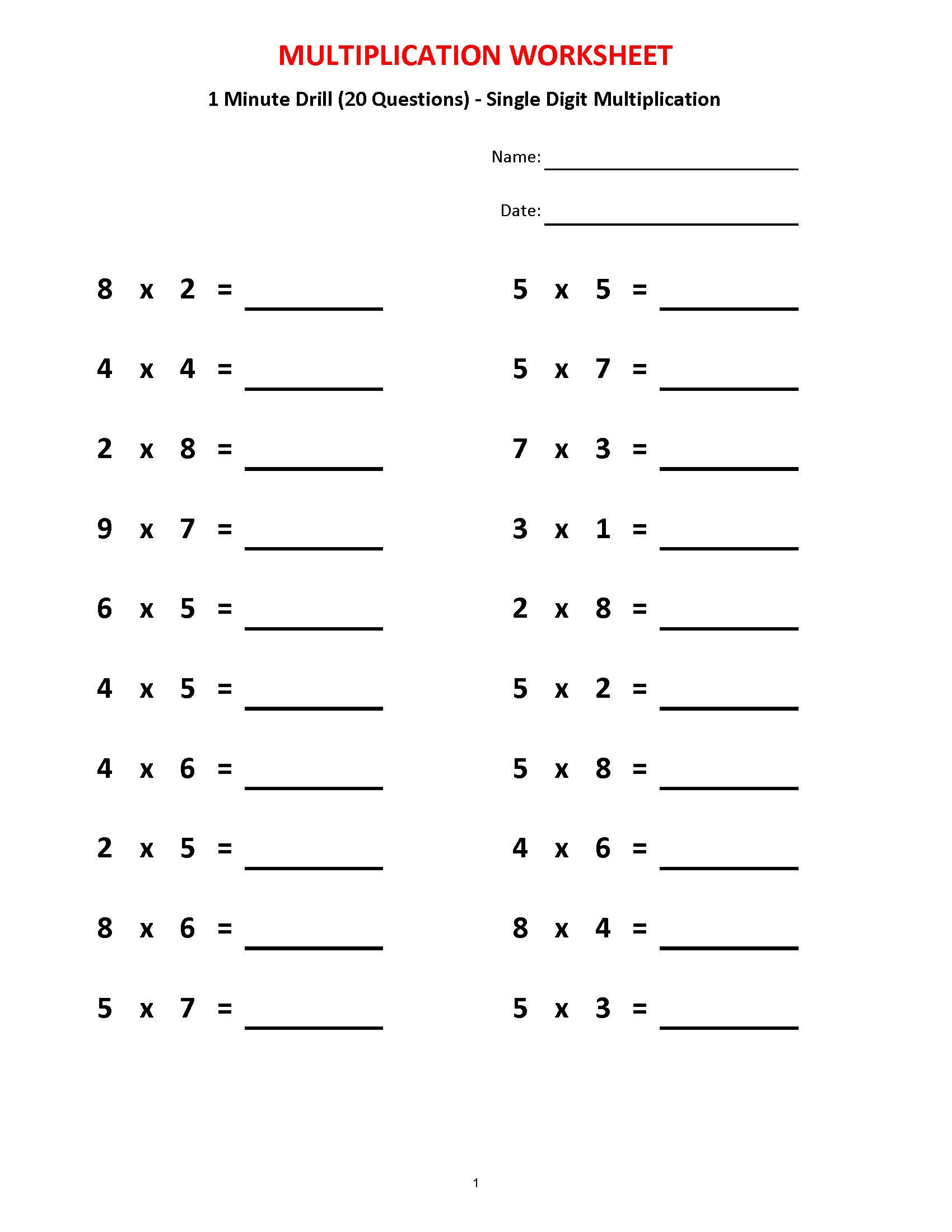 Multiplication 1 Minute Drill: 10 Math Worksheets (PDF) - Etsy