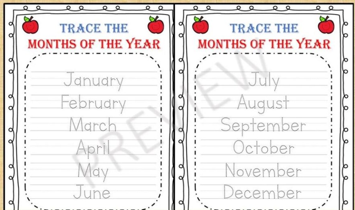 Trace the Months of the Year/ Tracing Worksheets / Trace Writing ...