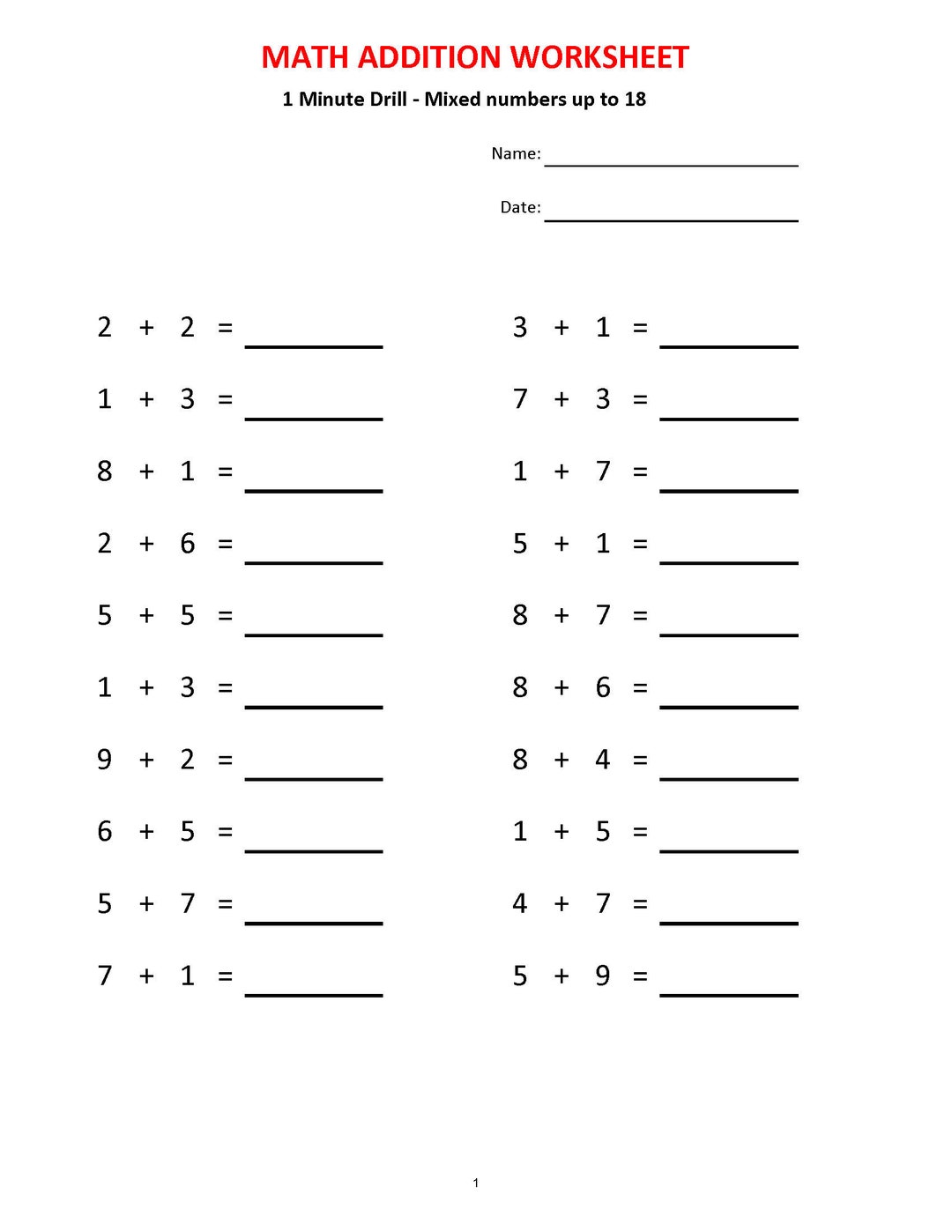 Easy Addition Practice for Kids/ Addition 1 Minute Drill H (10 ...