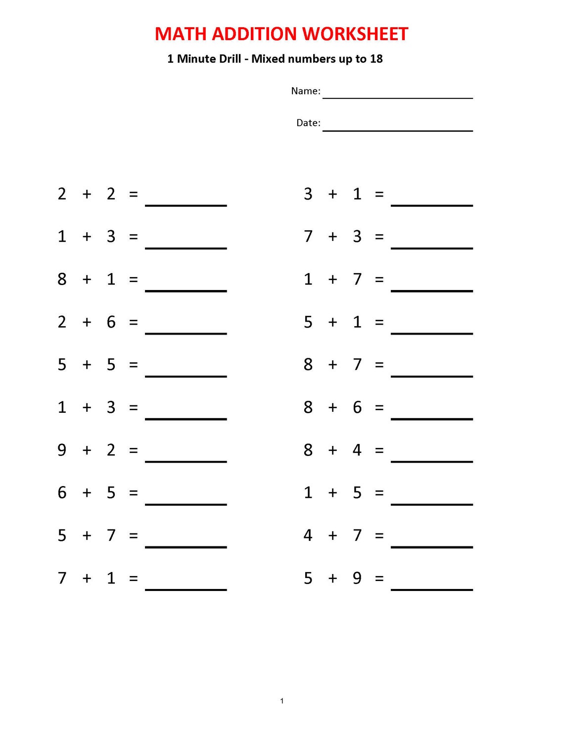 Easy Addition Practice for Kids/ Addition 1 Minute Drill H (10 ...