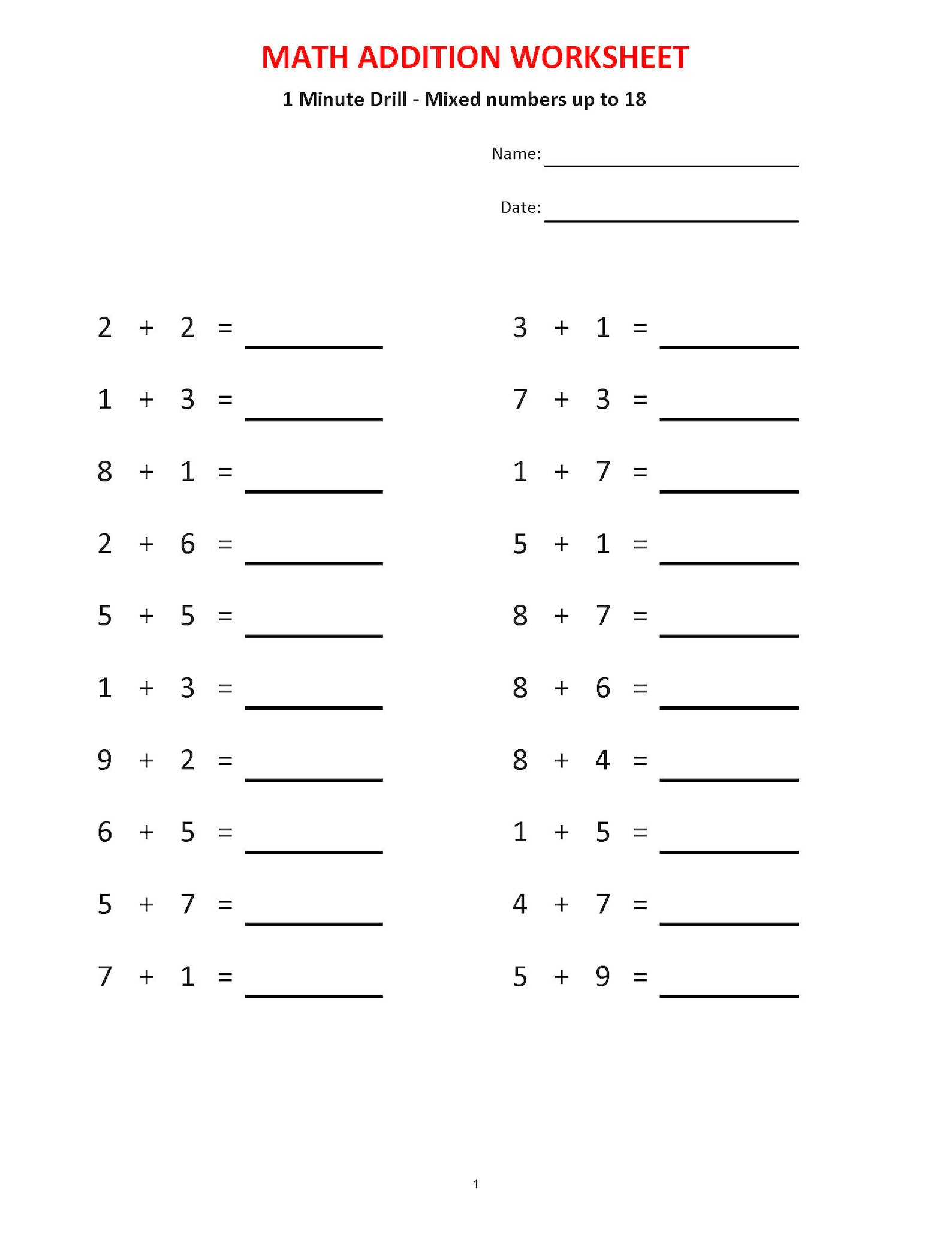Easy Addition Practice for Kids/ Addition 1 Minute Drill H (10 ...
