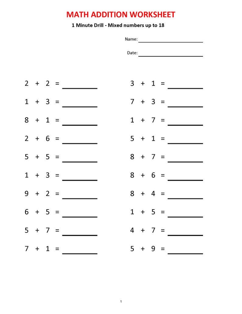 Easy Addition Practice for Kids/ Addition 1 Minute Drill H (10 ...