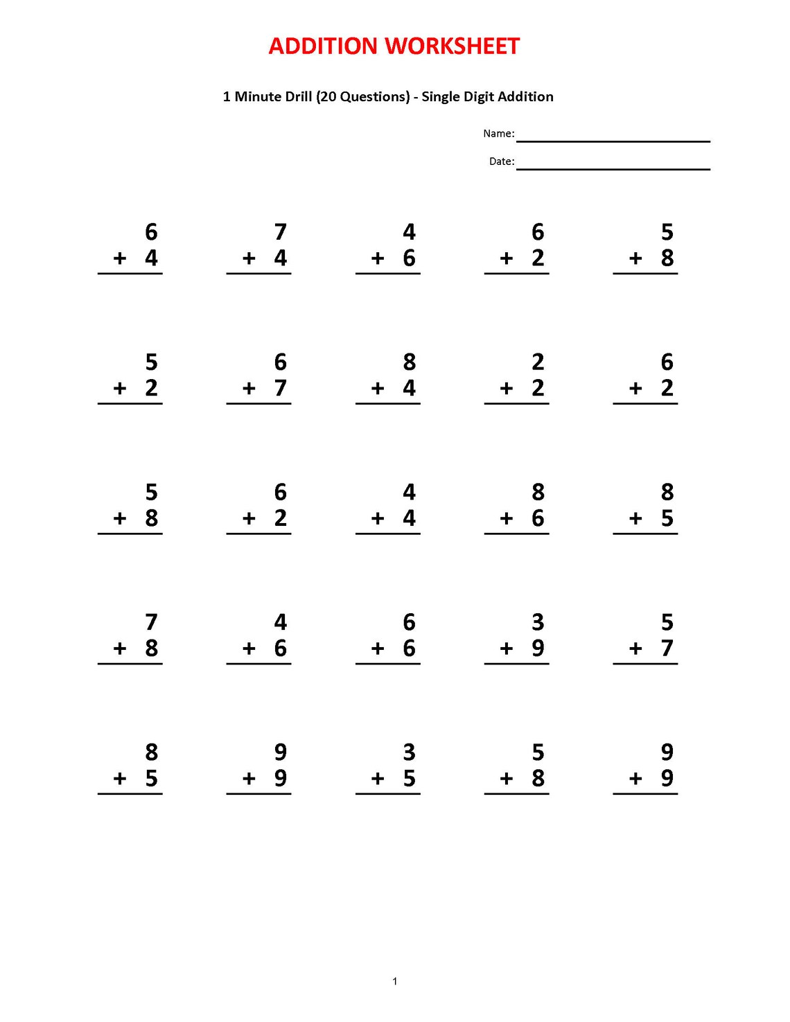Addition 1 Minute Drill: 10 Math Worksheets (PDF) - Etsy