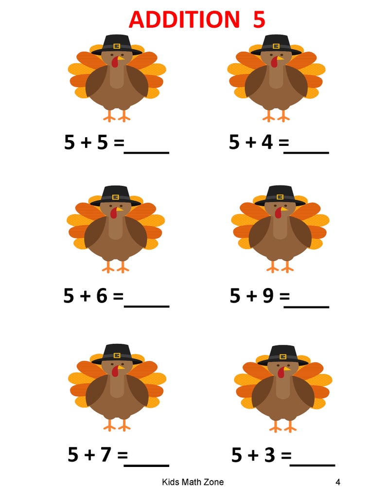 TURKEY ADDITION (12 Worksheets) Preschool, Kindergarten Thanksgiving ...