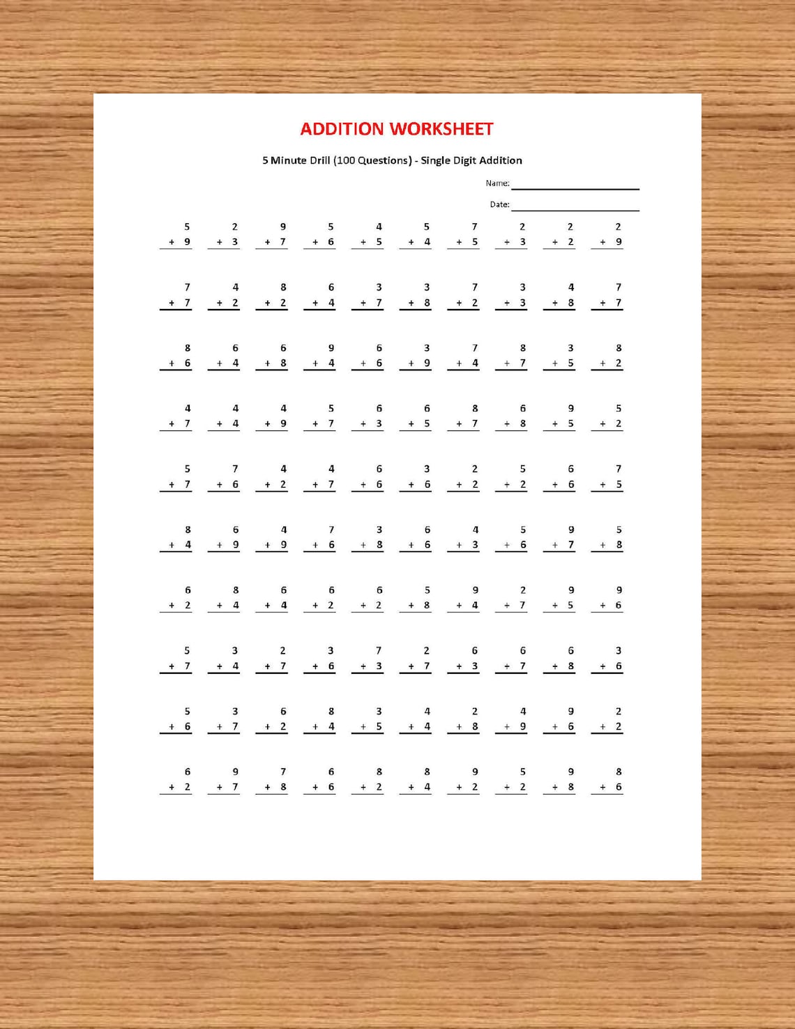 Addition 5 Minute Drill V 10 Math Worksheets With - Etsy