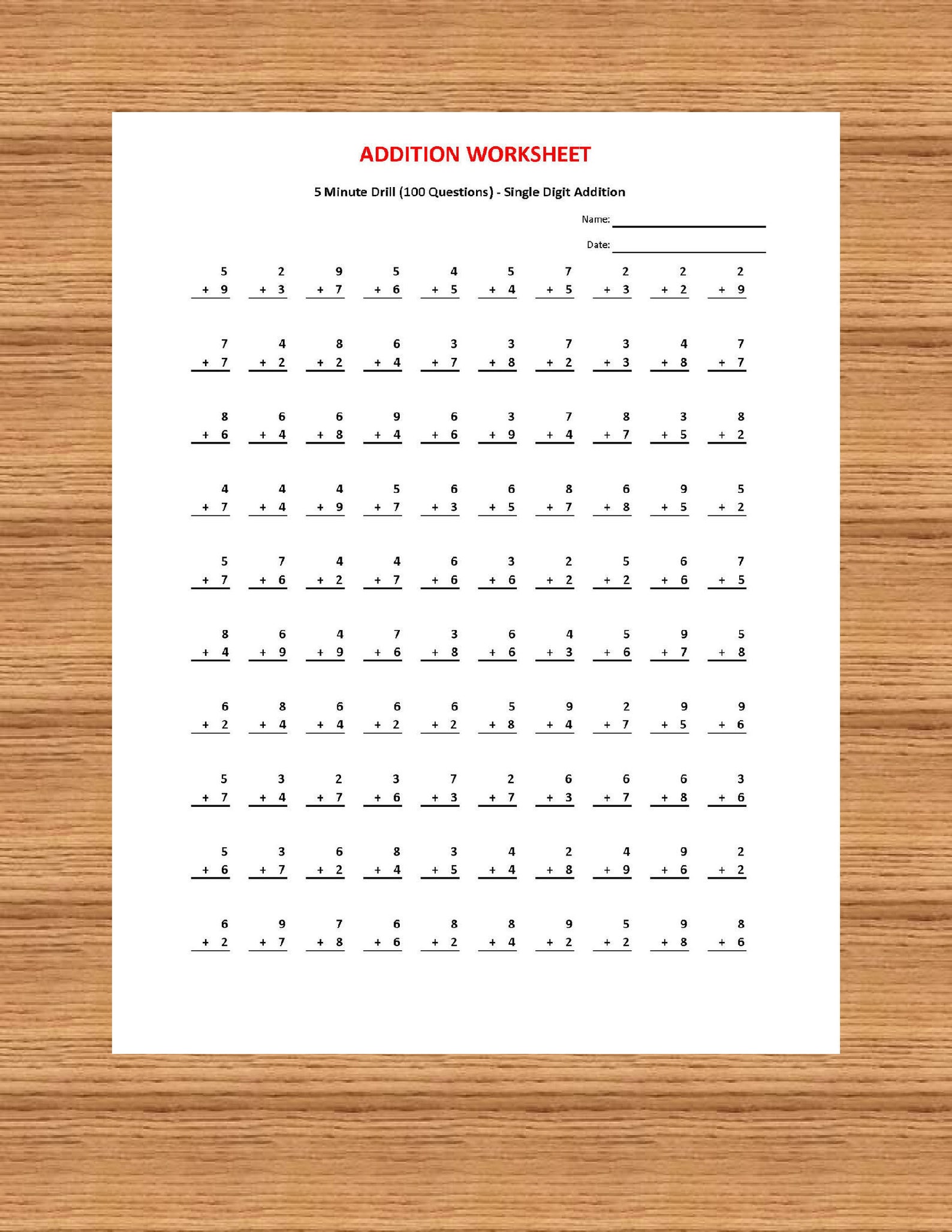 Addition 5 Minute Drill V (10 Math Worksheets With Answers)/pdf/ Year 1 ...