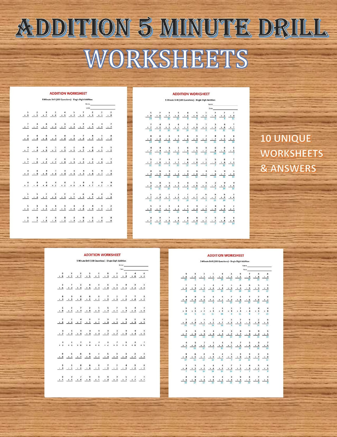 Addition 5 Minute Drill V 10 Math Worksheets With Answers/pdf/ Year 1,2 ...