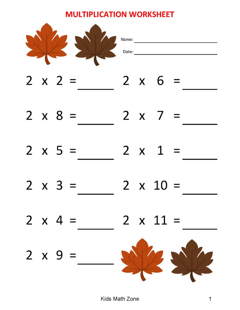 FALL MULTIPLICATION A (10 Worksheets) Pdf/ Year 1, 2, 3/ Grade 2, 3 ...
