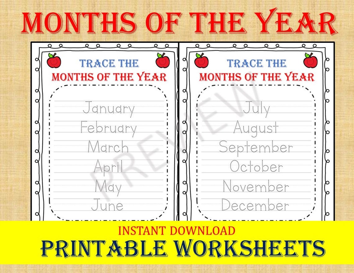 Trace the Months of the Year/ Tracing Worksheets / Trace Writing ...