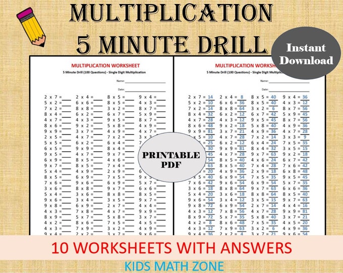 Multiplication 1 Minute Drill V (10 Math Worksheets With Answers)/ Pdf ...