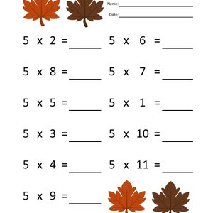 FALL MULTIPLICATION A (10 Worksheets) Pdf/ Year 1, 2, 3/ Grade 2, 3 ...