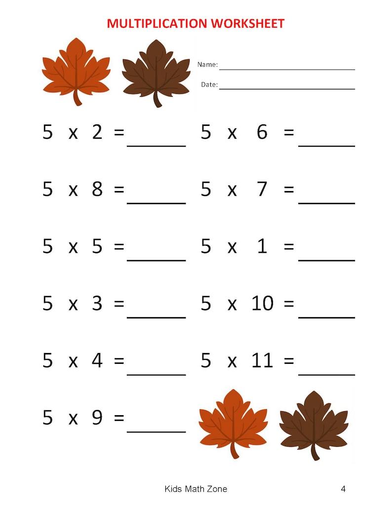 FALL MULTIPLICATION A (10 Worksheets) Pdf/ Year 1, 2, 3/ Grade 2, 3 ...