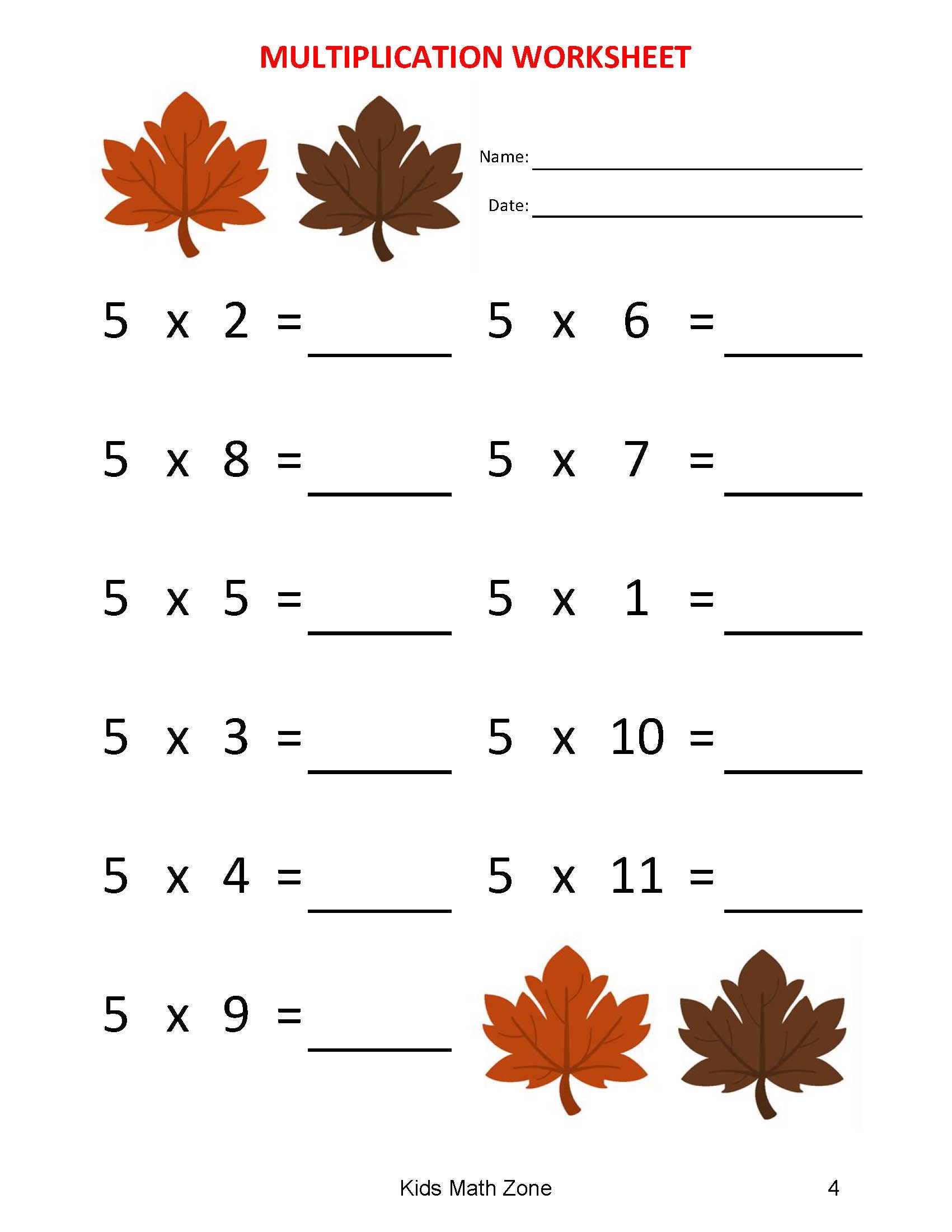 FALL MULTIPLICATION A 10 Worksheets Pdf/ Year 1, 2, 3/ Grade 2, 3 ...