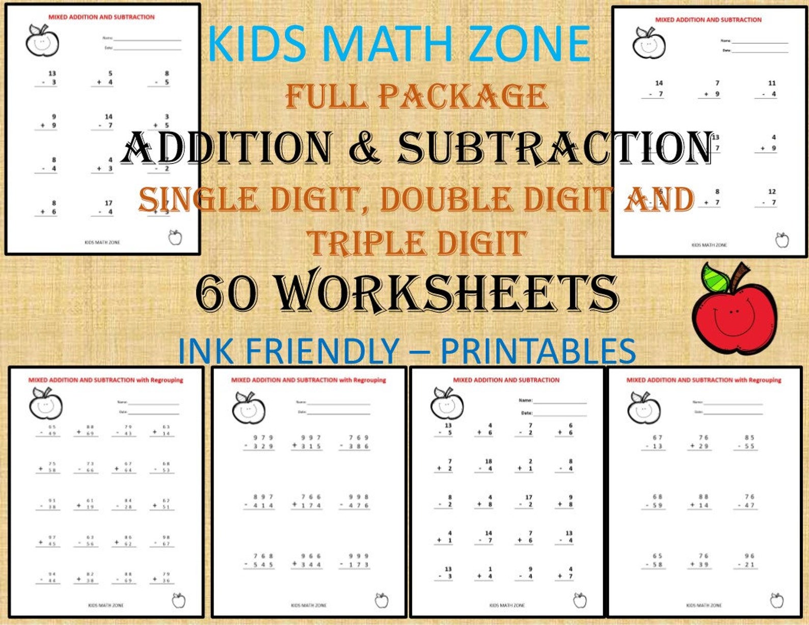 Addition & Subtraction Worksheets: Single, Double, Triple Digit (PDF ...