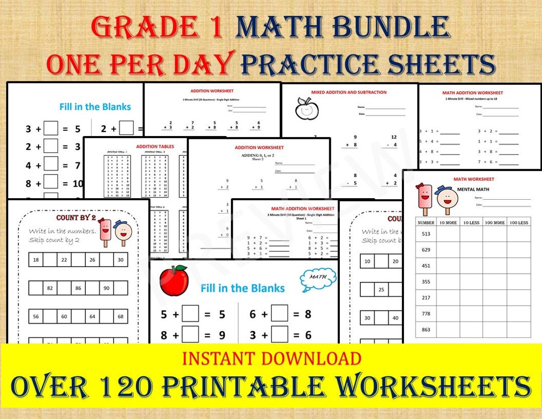 Grade 1 Math Workbook: 120+ Printable Worksheets (PDF) - Etsy