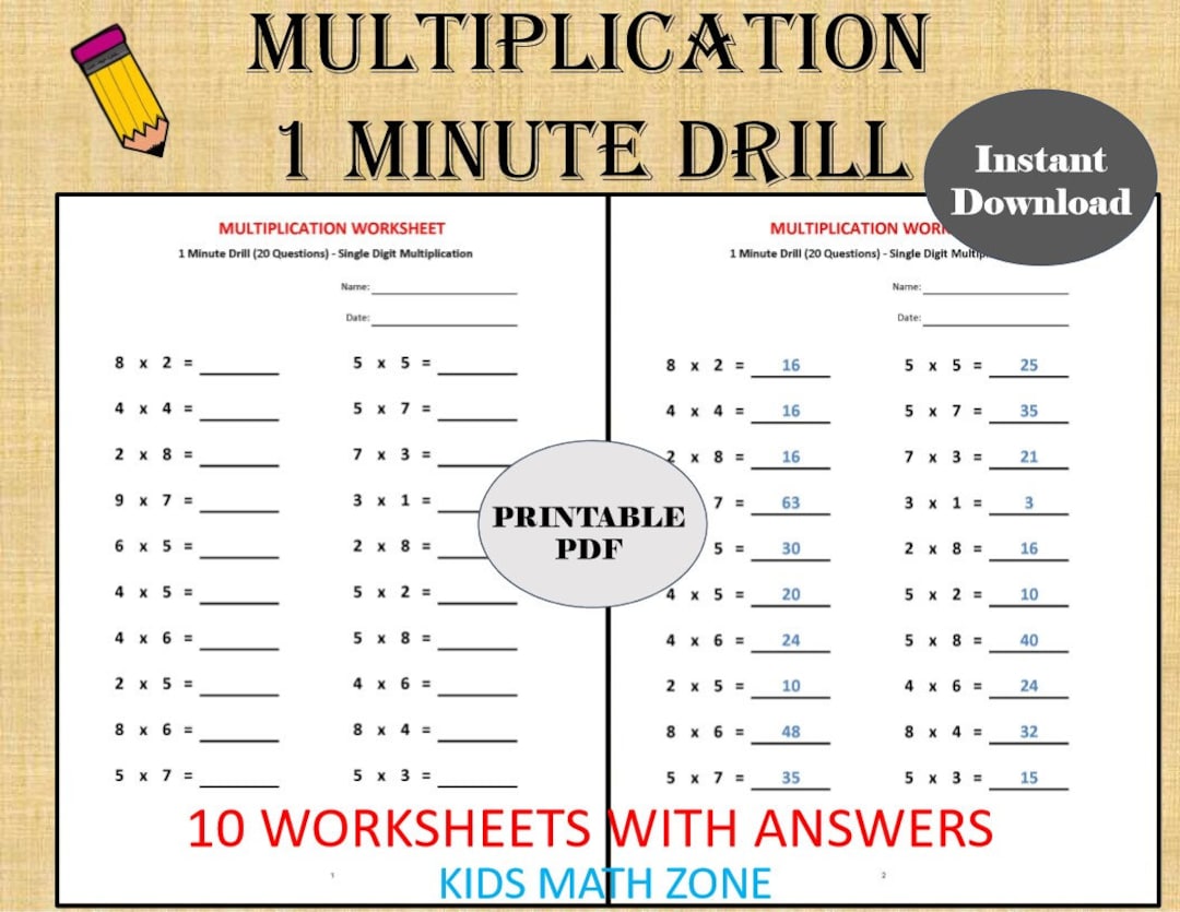 Multiplication 1 Minute Drill: 10 Math Worksheets (PDF) - Etsy