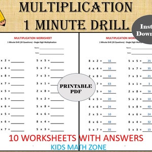 Multiplication 1 Minute Drill: 10 Math Worksheets (PDF) - Etsy