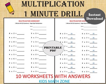 Multiplication 5 Minute Drill worksheets With Answers/pdf/ | Etsy