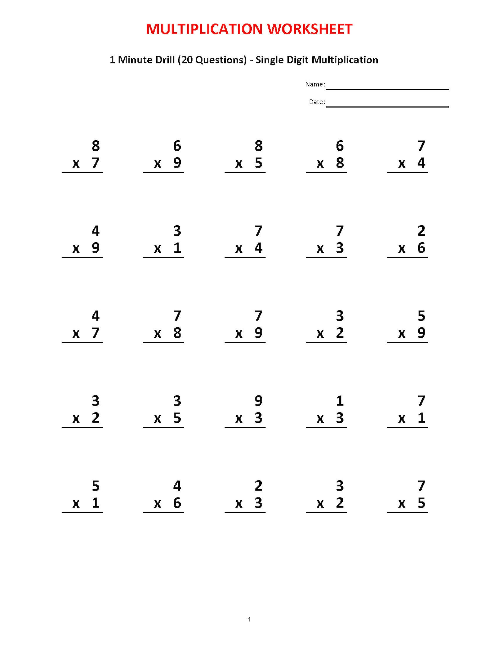 Multiplication 1-minute Drill: 10 Math Worksheets With Answers (PDF) - Etsy