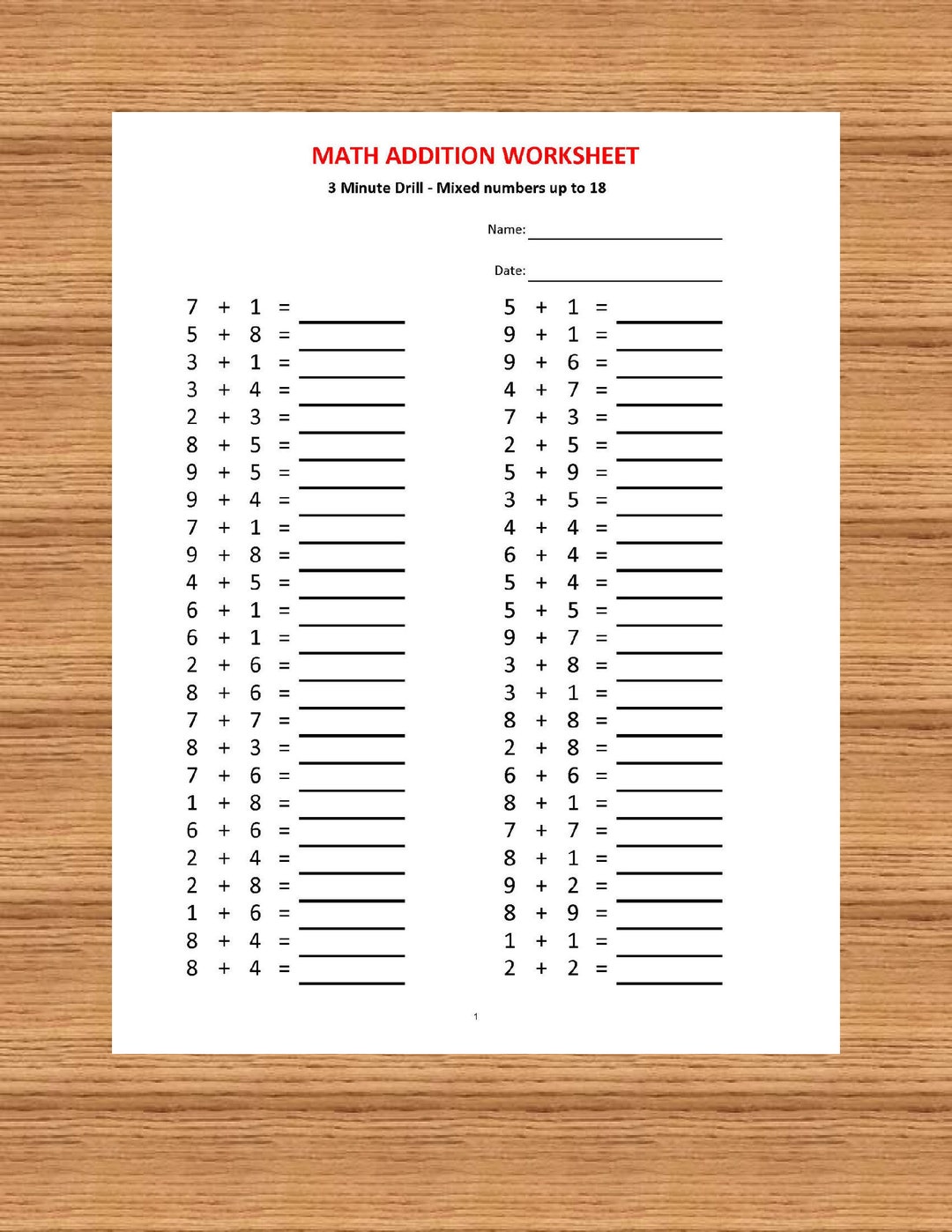 Addition 3 Minute Drill V (10 Math Worksheets With Answers)/pdf/ Year 1 ...