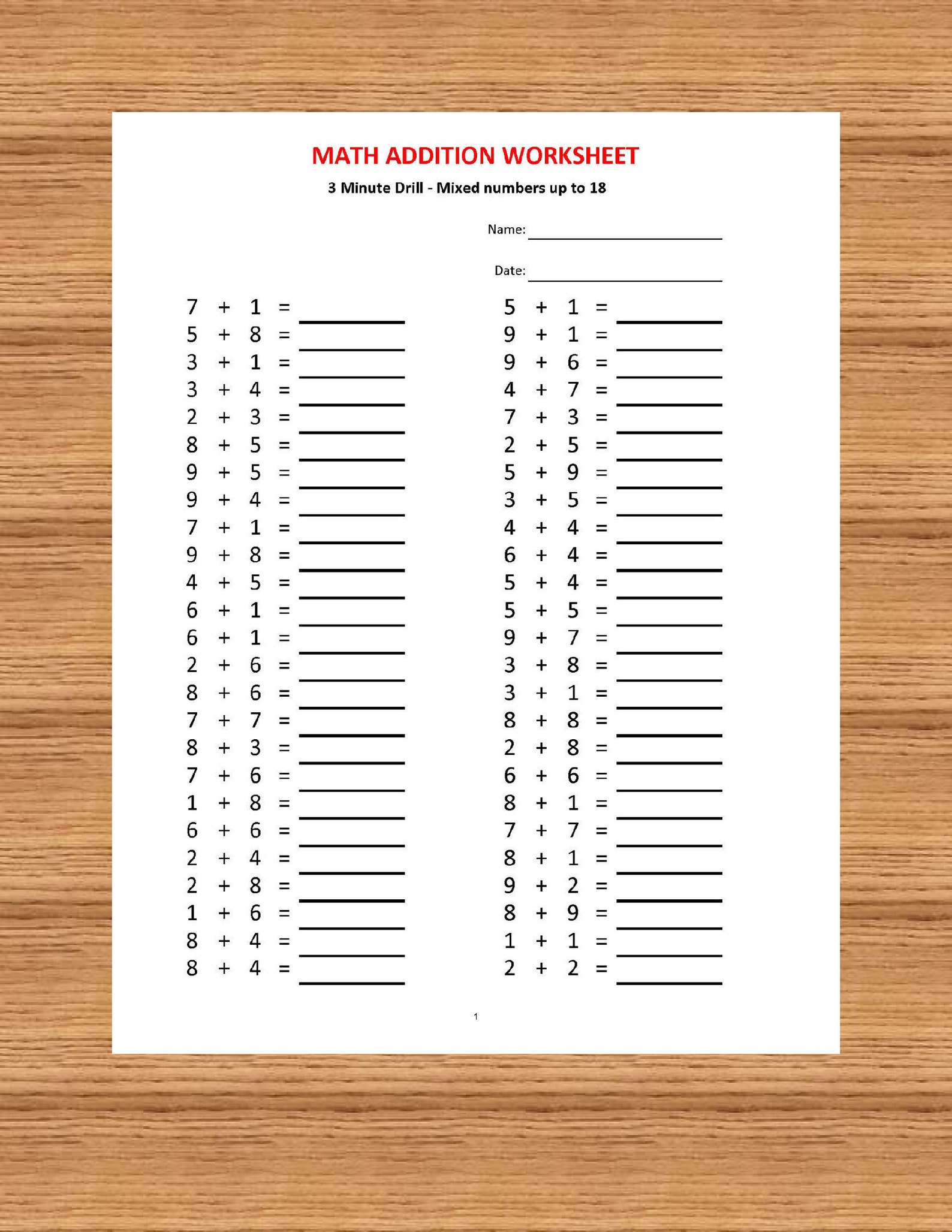 Addition 3 Minute Drill V (10 Math Worksheets With Answers)/pdf/ Year 1 ...