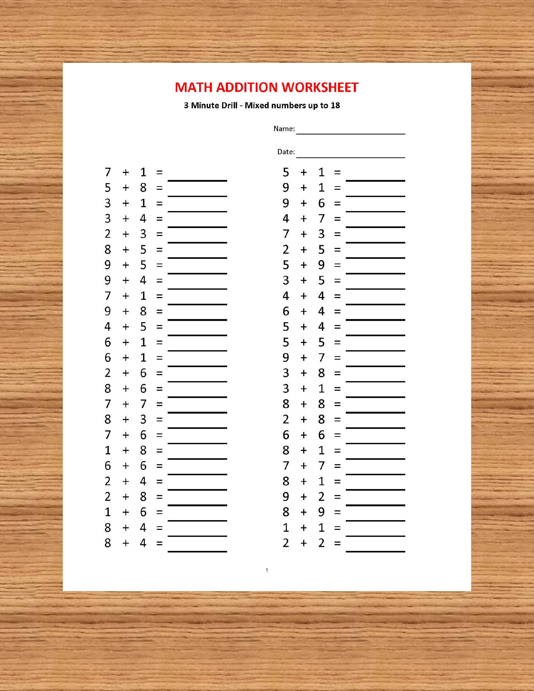 Addition 3 Minute Drill V (10 Math Worksheets With Answers)/pdf/ Year 1 ...