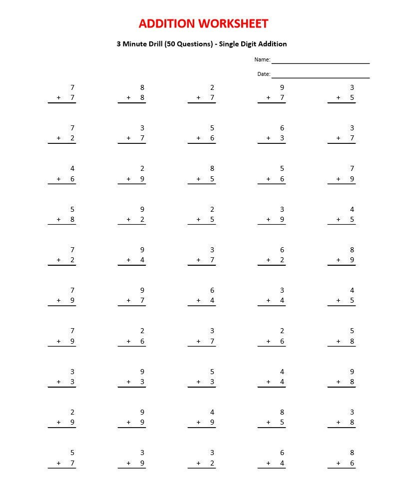 ADDITION 3 MINUTE DRILL (10 Worksheets) Pdf/ Year 1, 2, 3/ Grade 1,2,3 ...