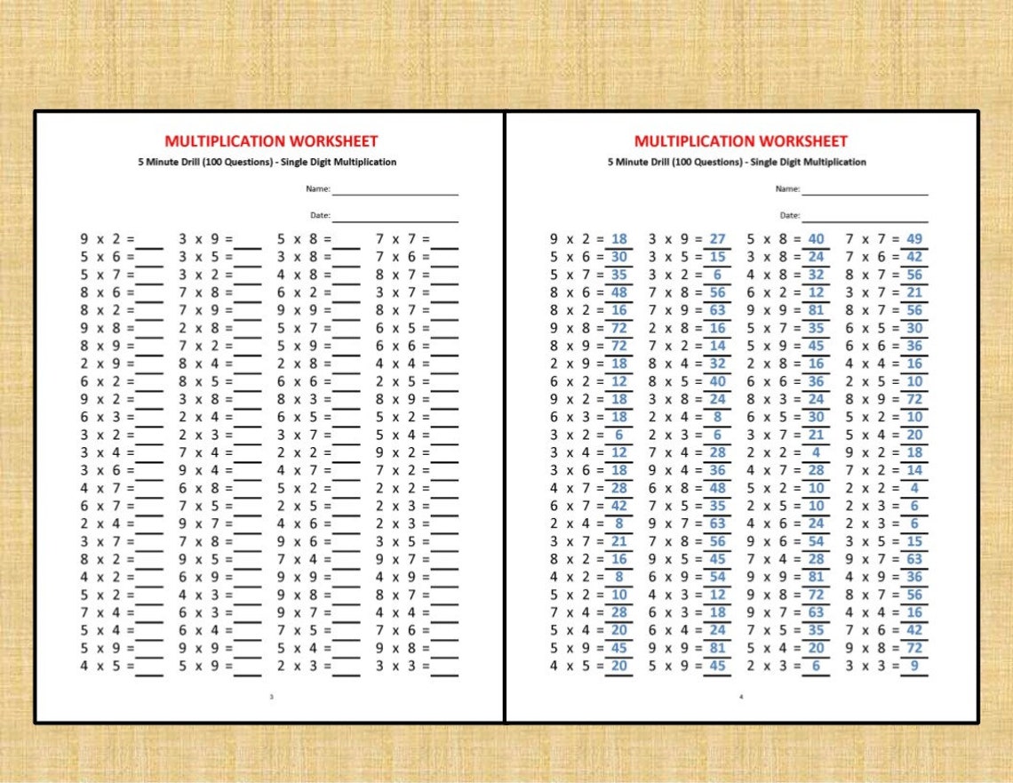 Multiplication 5 Minute Drill Worksheets: Grade 2-4 (PDF Download) - Etsy
