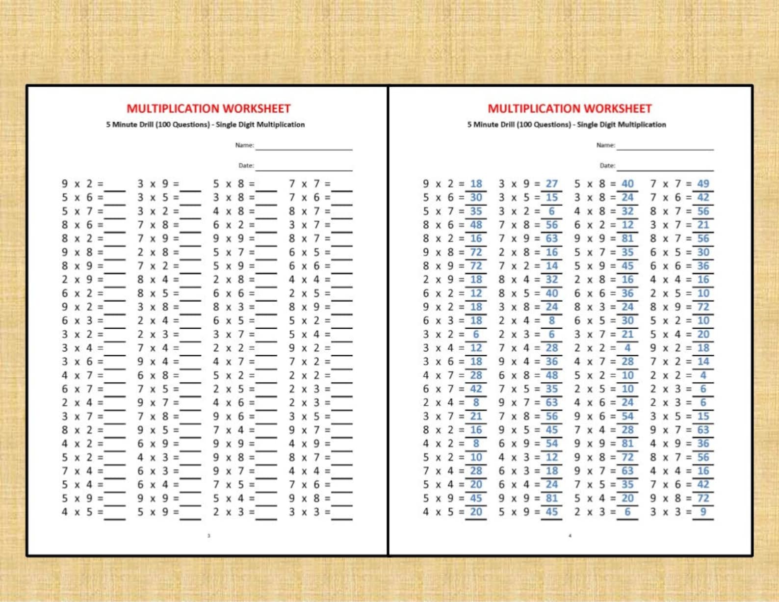 Multiplication 5 Minute Drill Worksheets: Grade 2-4 (PDF Download) - Etsy