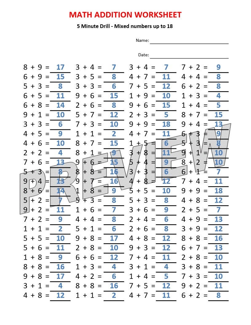Addition 5 Minute Drill H 10 Math Worksheets With | Etsy