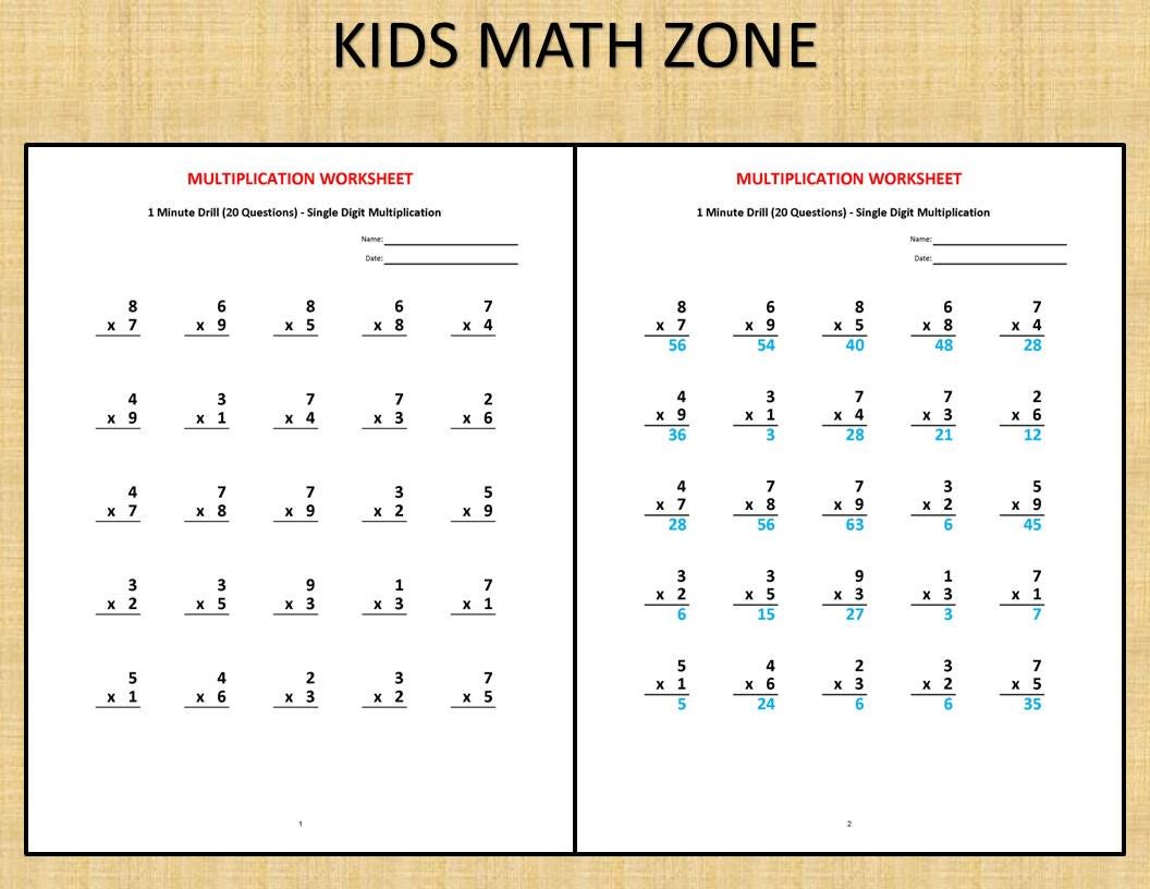 Multiplication 1-minute Drill: 10 Math Worksheets With Answers (PDF) - Etsy