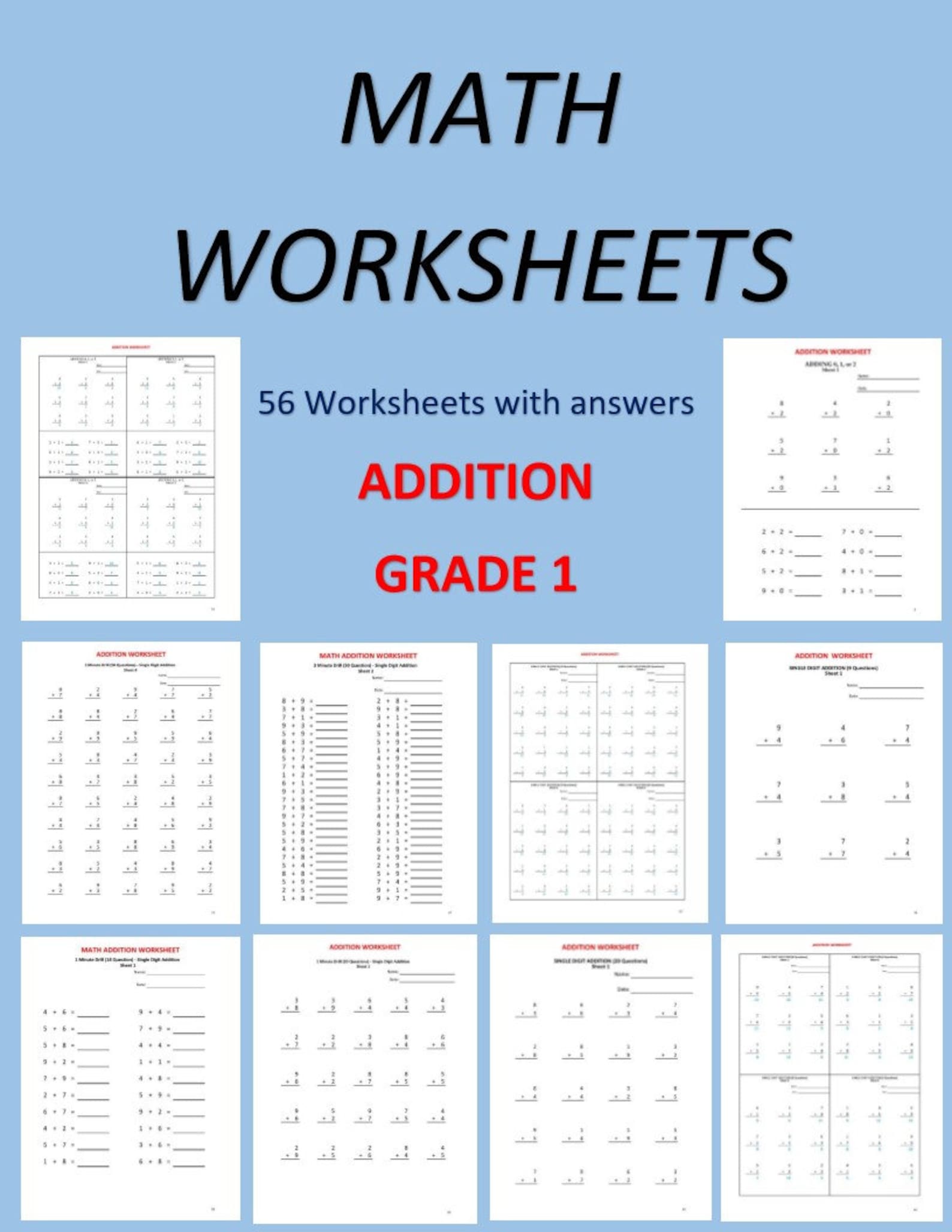 1st Grade Addition Worksheets (56 Worksheets With Answers) Pdf/ Kinder ...