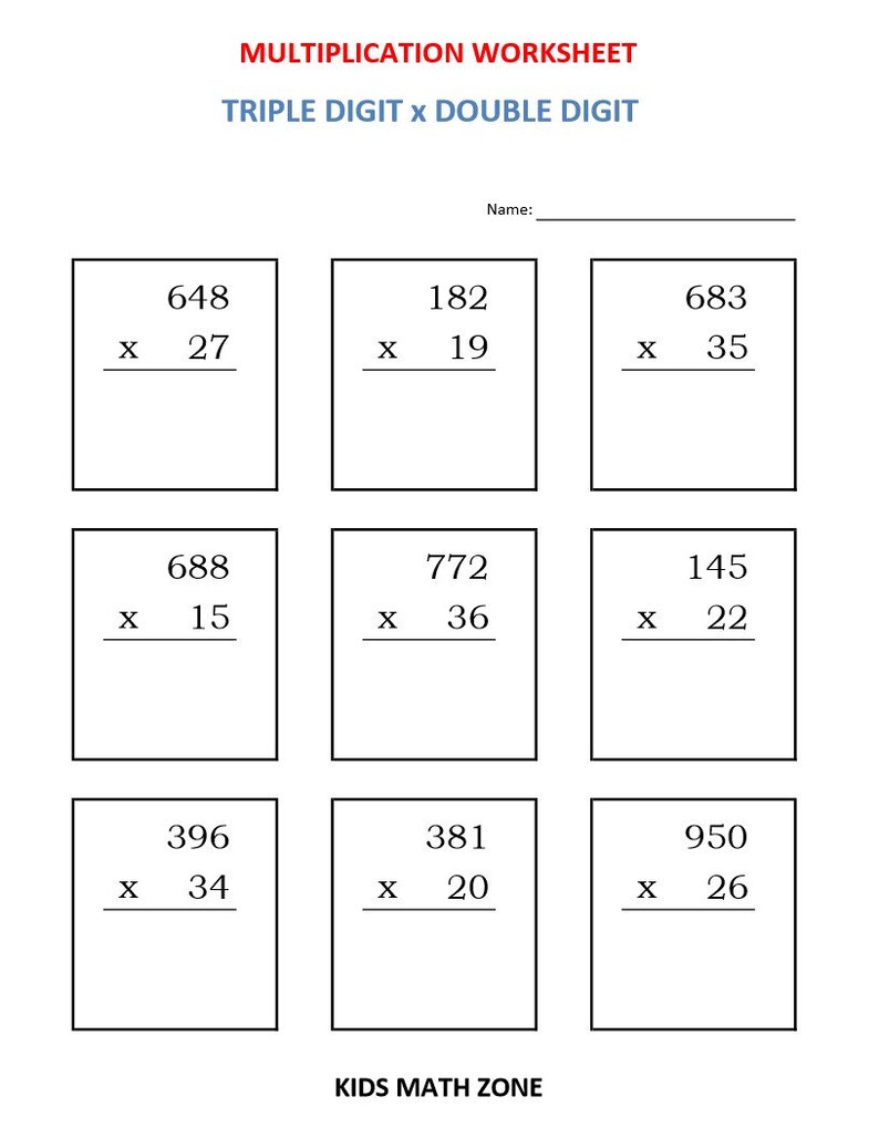 Multiplication Triple Digit X Double Digit (10 Printable Worksheets ...