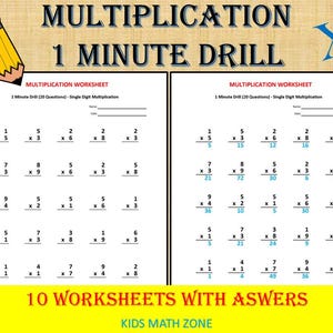 Multiplication 1-minute Drill: 10 Math Worksheets With Answers (PDF) - Etsy