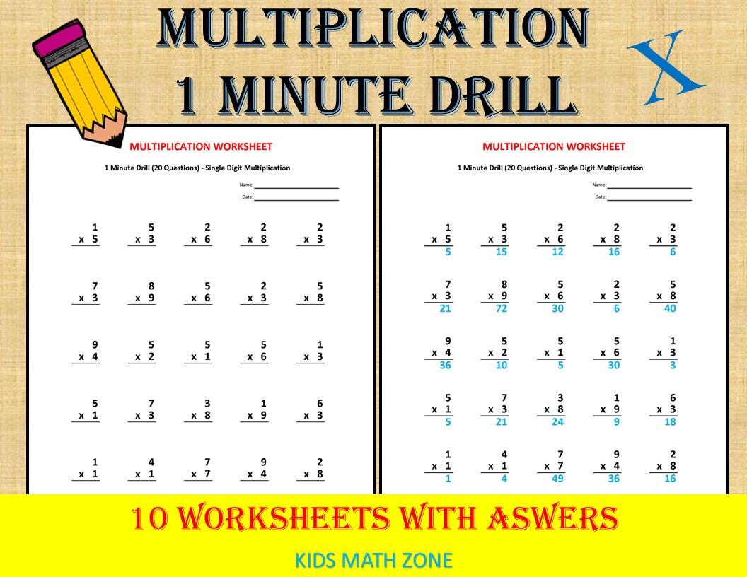 Multiplication 1-minute Drill: 10 Math Worksheets With Answers (PDF) - Etsy
