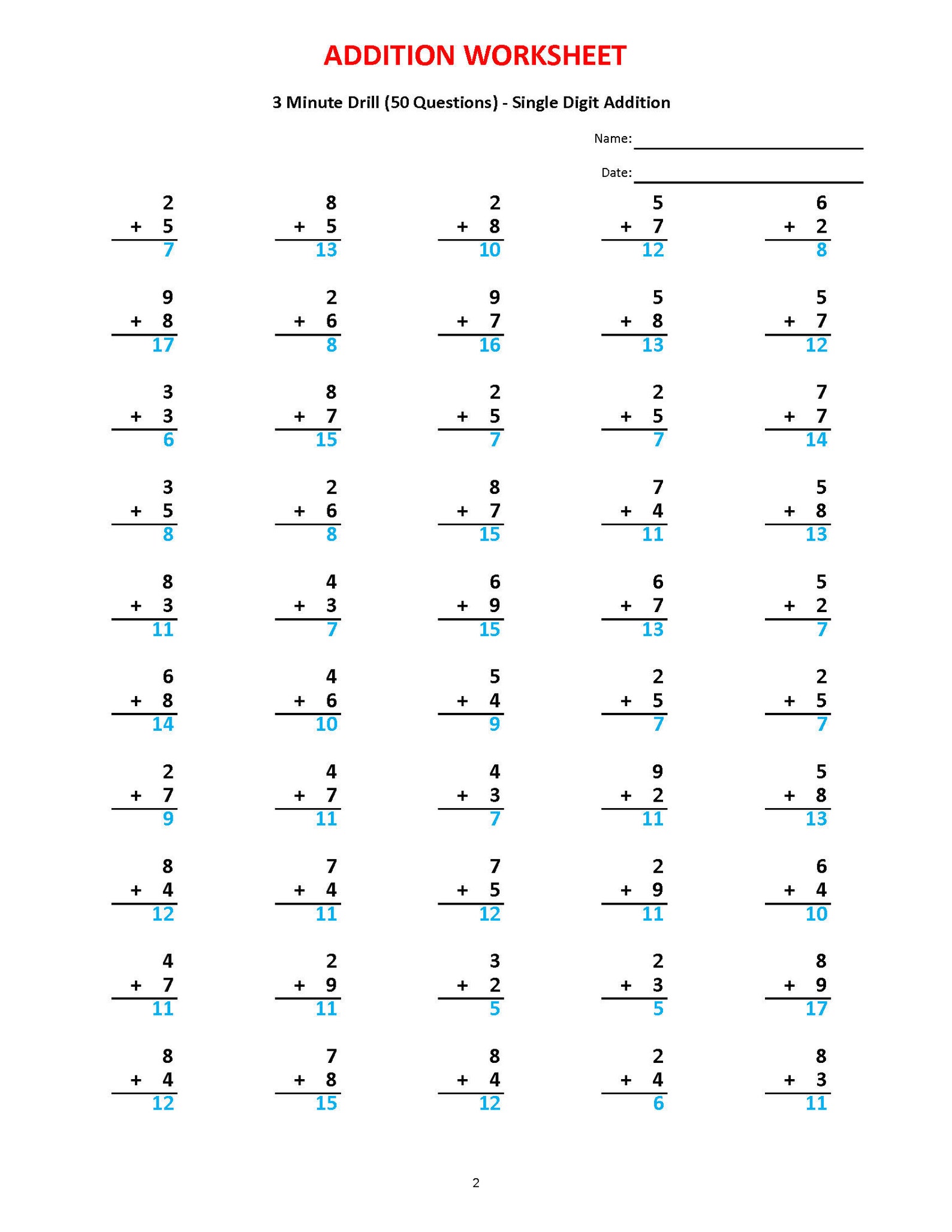 Addition Practice Sheets: 3-minute Drill, Grades 1-3 (PDF) - Etsy