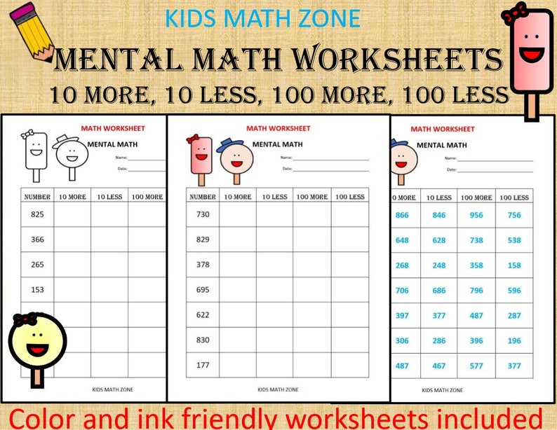 Mental Math (10 Math Worksheets) Pdf/ Kindergarten Year 1, 2,/ Grade 1 ...