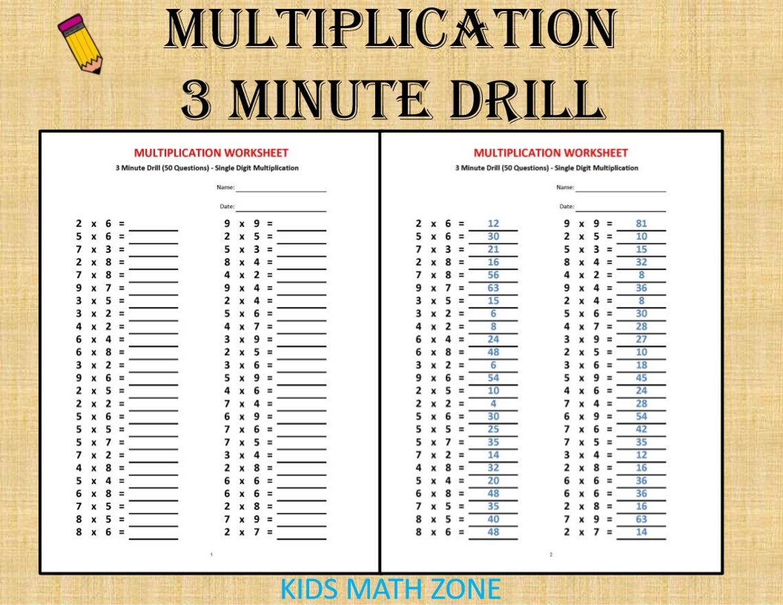 Multiplication 3 Minute Drill H With Answers (10 Sheets)/pdf/ Year 2,3 ...