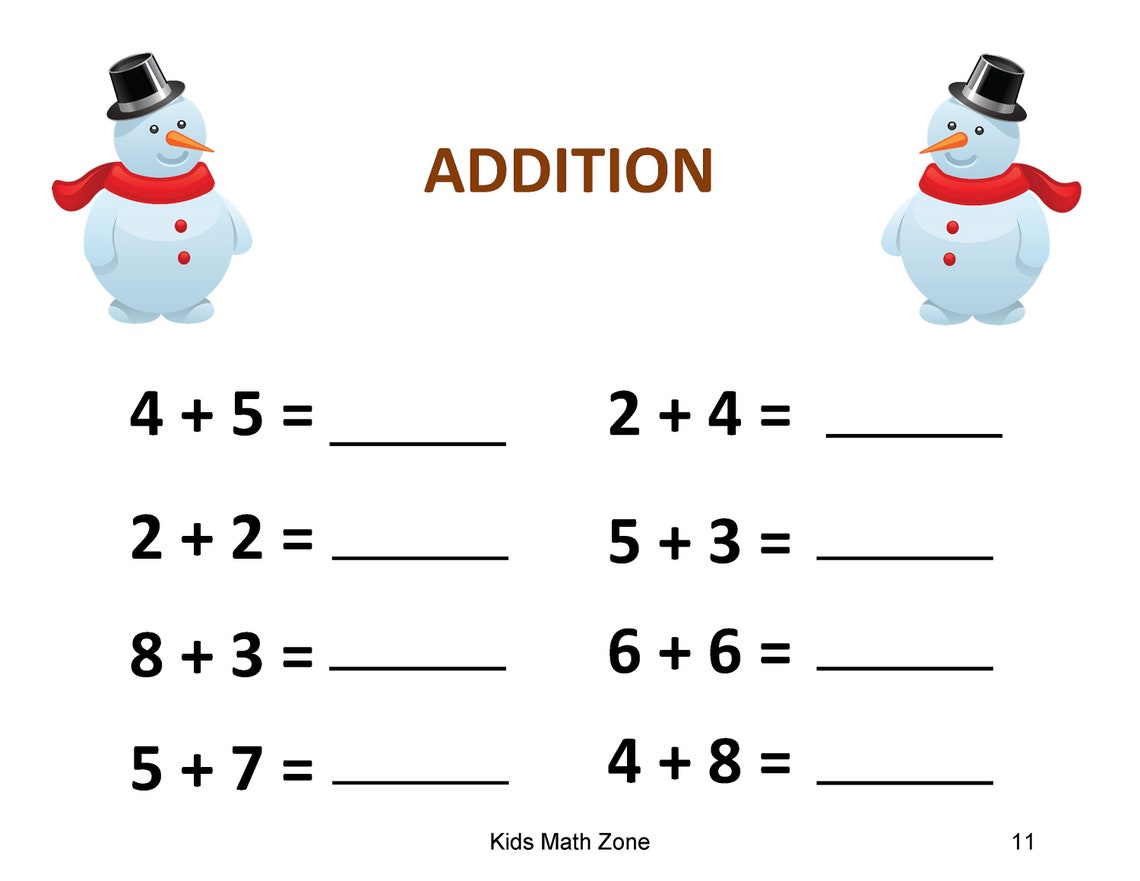 SNOWMAN ADDITION B 12 Worksheets Pdf/ Preschool/ Kindergarten/ Year 1,2 ...