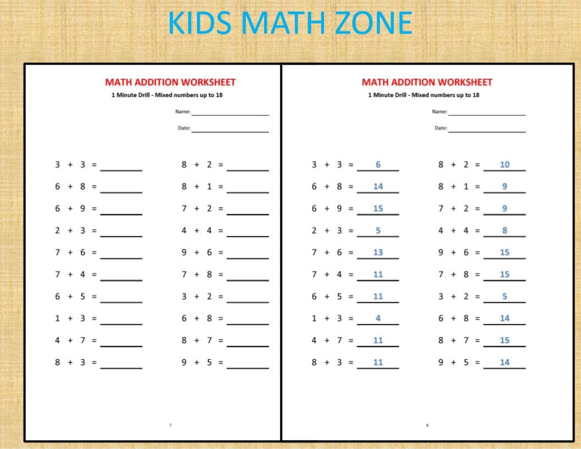 Easy Addition Practice for Kids/ Addition 1 Minute Drill H (10 ...