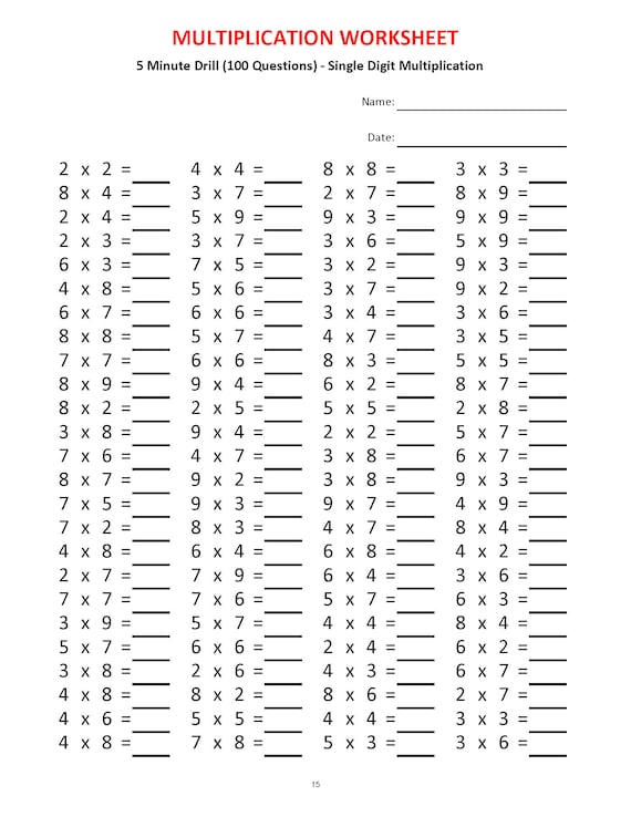 Elementary Math Worksheets Multiplication