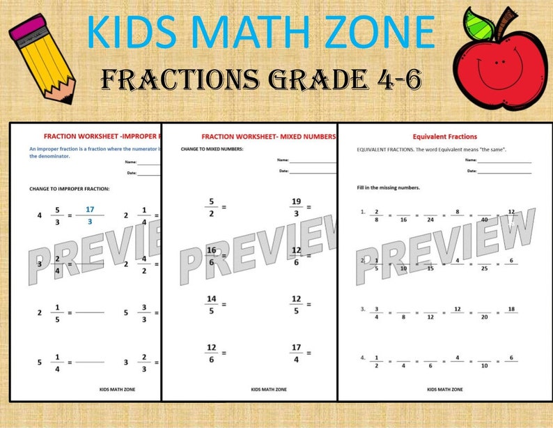 Fractions GRADE 4-6 Worksheets- Compare, Add, Subtract, Multiply ...