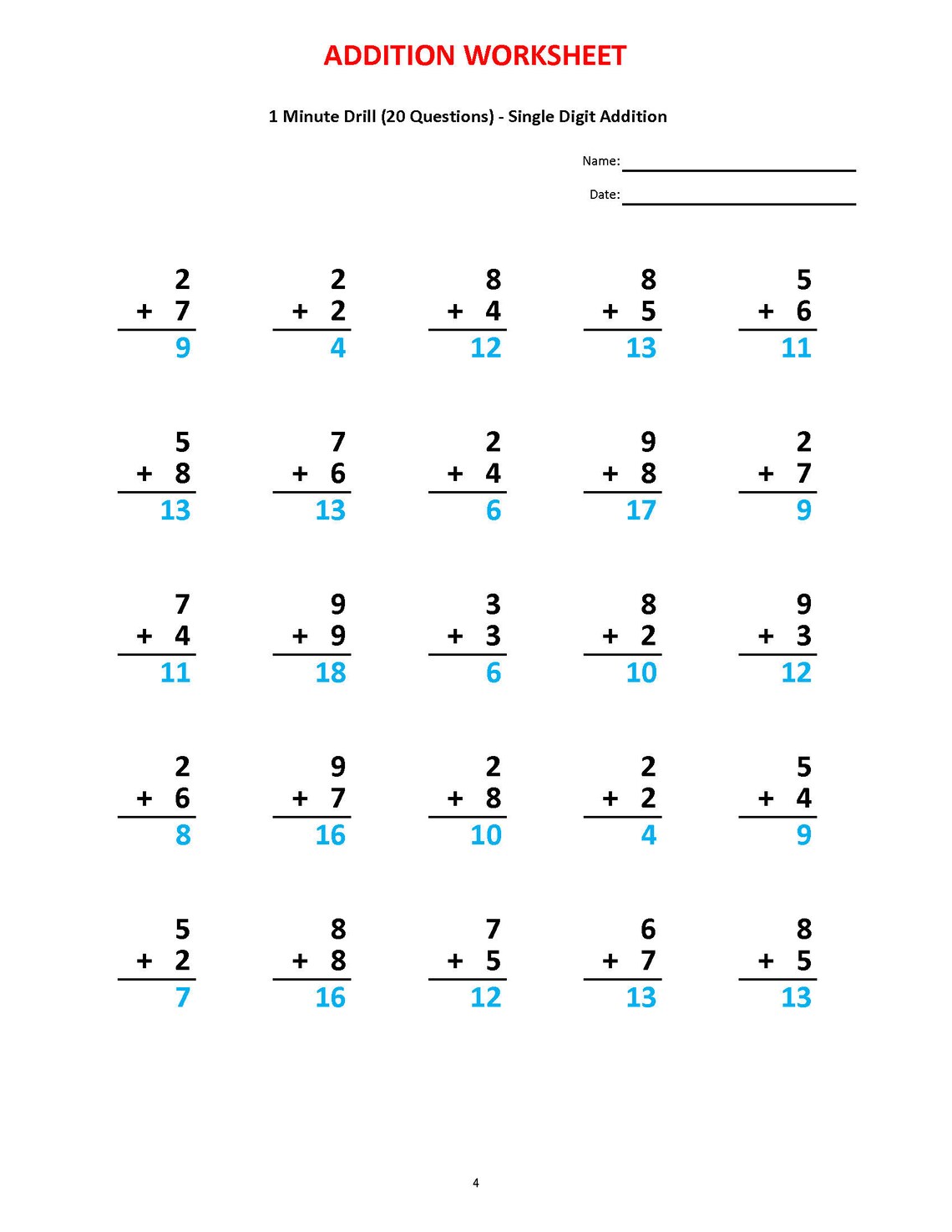 Addition 1 Minute Drill: 10 Math Worksheets (PDF) - Etsy