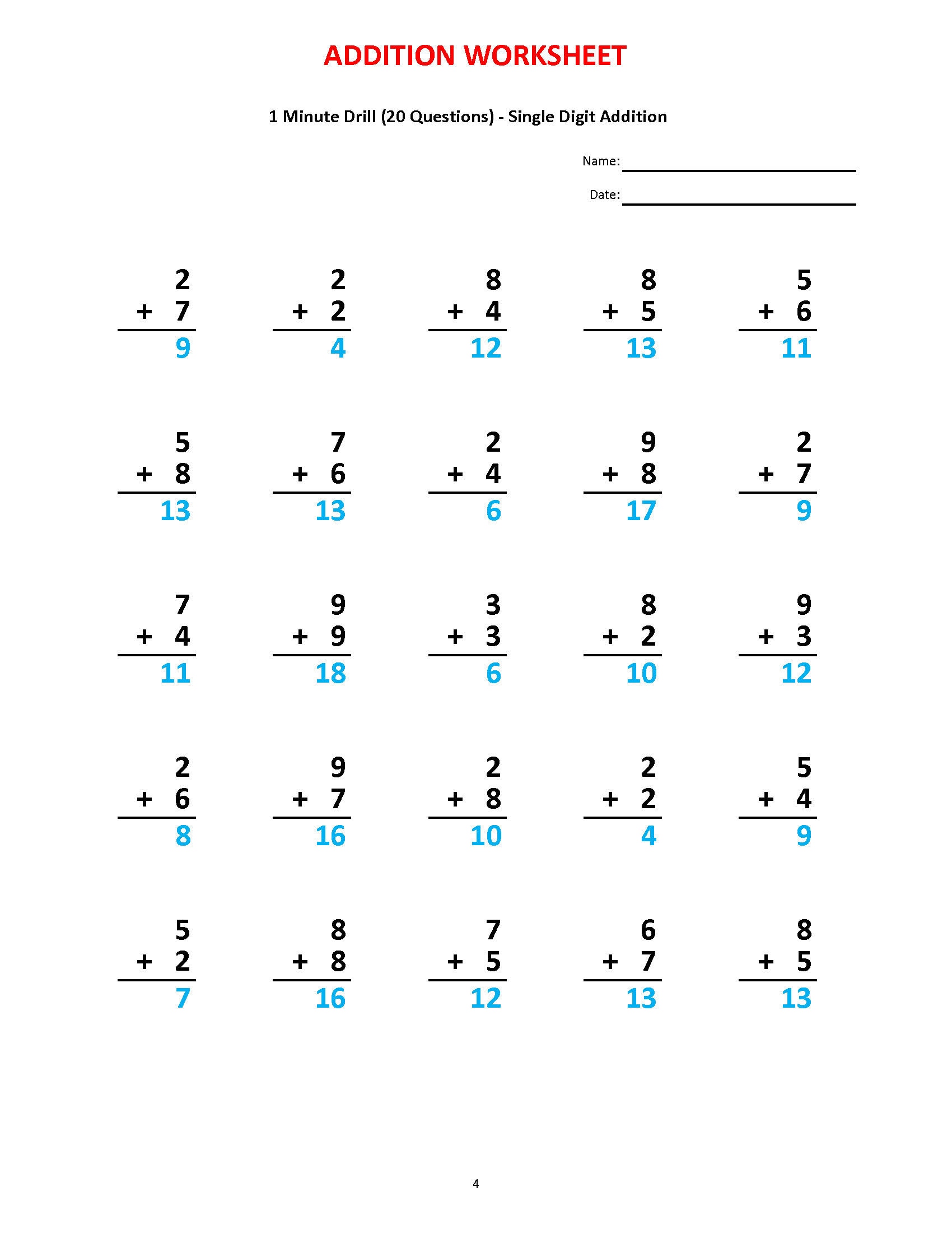 Addition 1 Minute Drill: 10 Math Worksheets (PDF) - Etsy