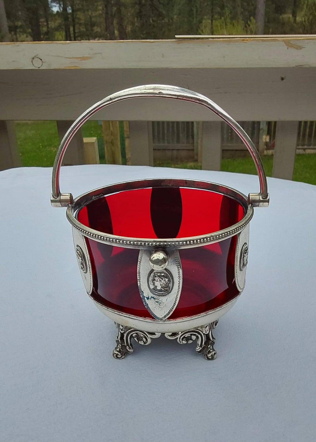 ANTIQUE Simpson Hall Miller Quadruple Plate Basket With Ruby Glass ...