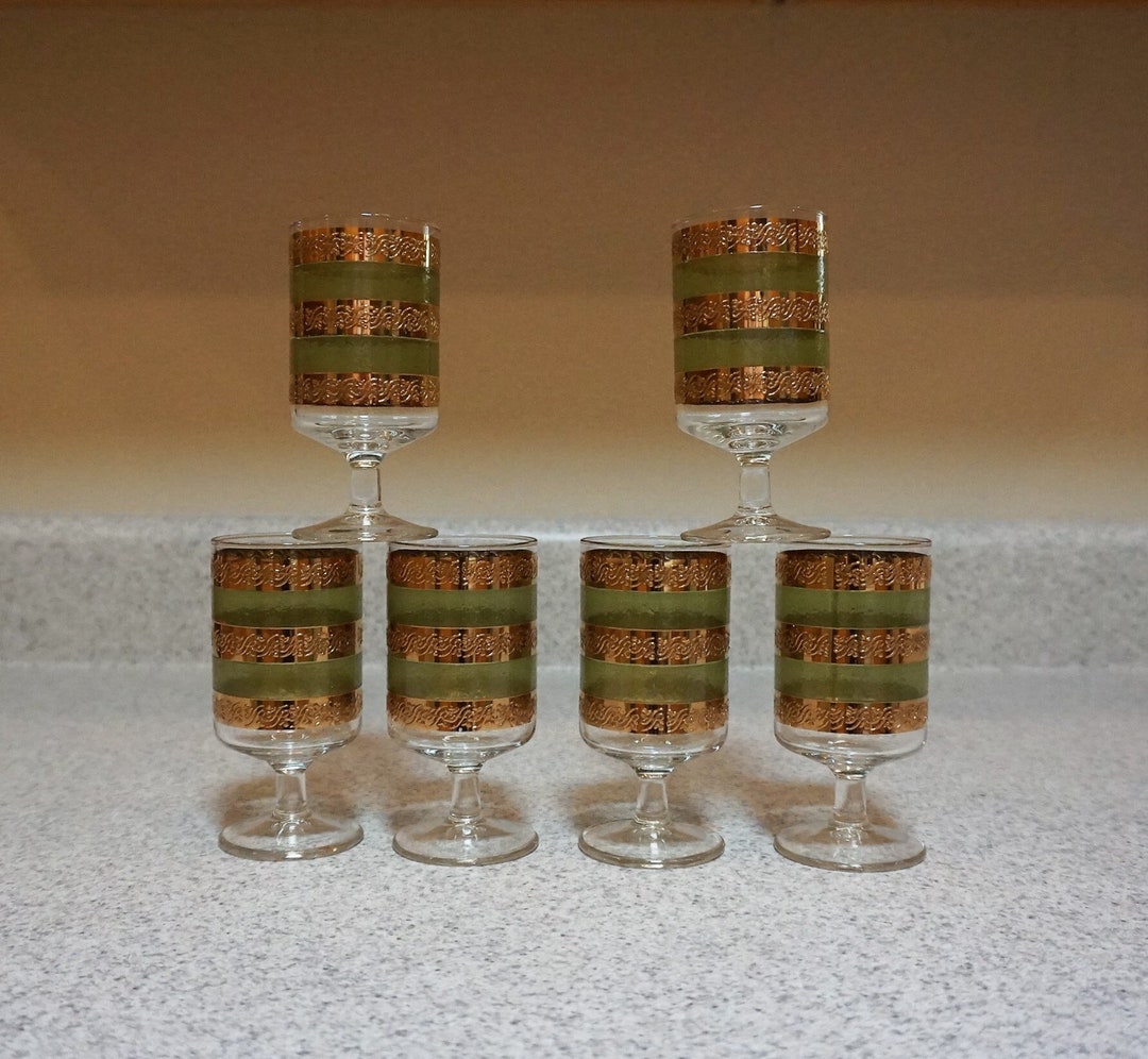 Vtg 6pc Set, Green and Ornate 22k Gold Goblet Style Glasses, 4oz ...