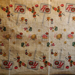 Vtg BBQ Tablecloth, Rustic Burlap Oilcloth BBQ Themed Tablecloth, 87in ...