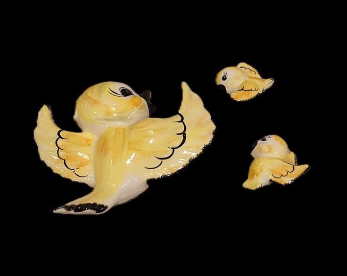 Vtg Yellow Ceramic Birds Wall Plaque Set, Mama and Baby Birds, Mid ...